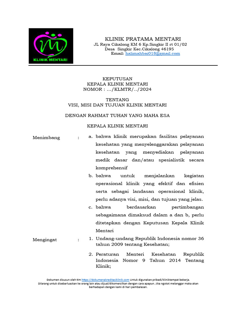 Visi Misi Klinik Mentari | PDF