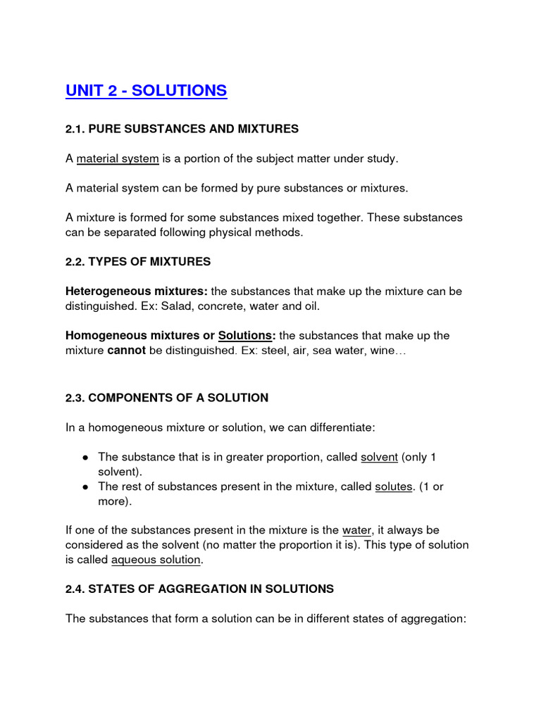 Unit 2 - Solutions | PDF | Mixture | Concentration