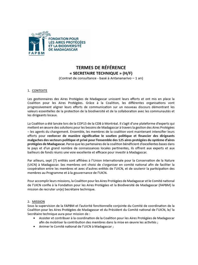 11 TDR Secretariat Technique | PDF | Union internationale pour la ...