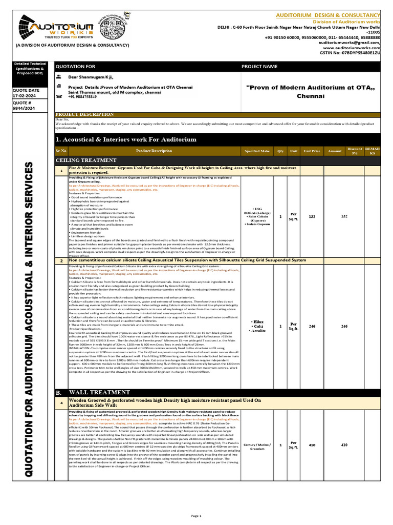 Quotation For Provn of Modern Auditorium Chennai | PDF | Flooring | Drywall