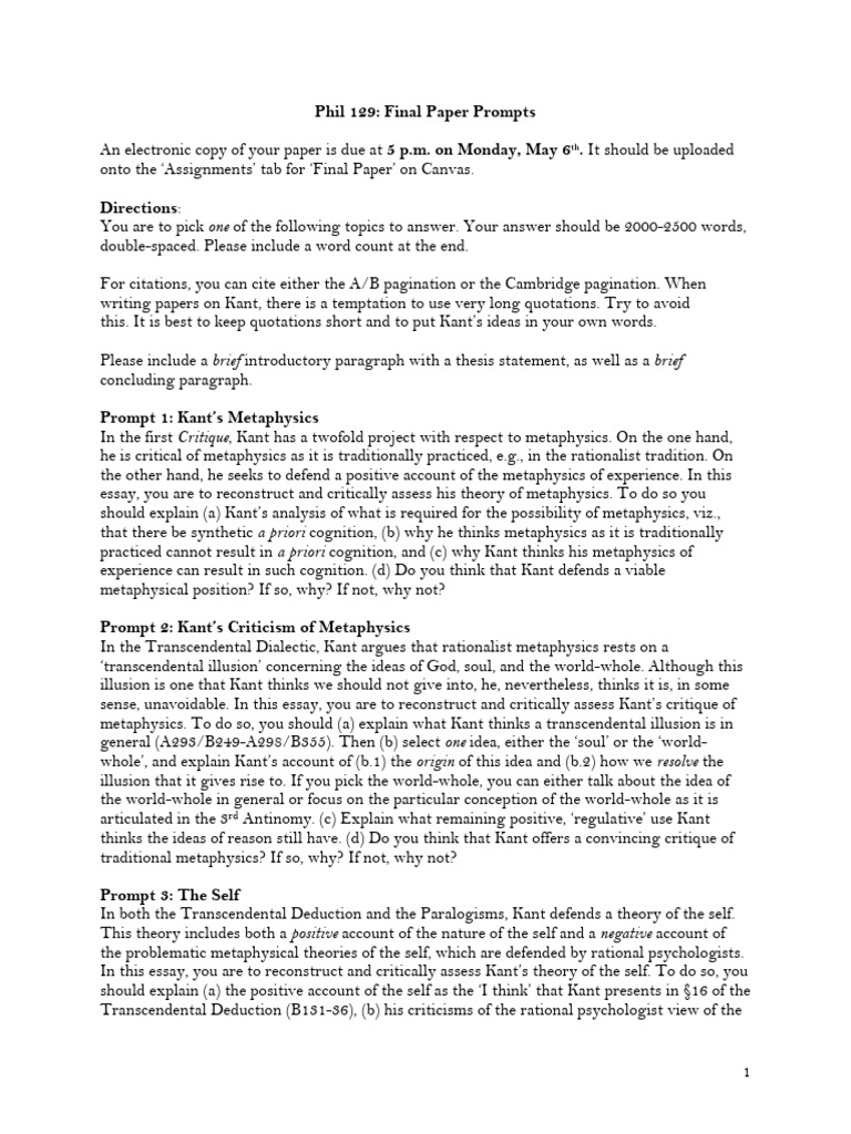 Final Paper Prompt | PDF | Immanuel Kant | Critique Of Pure Reason