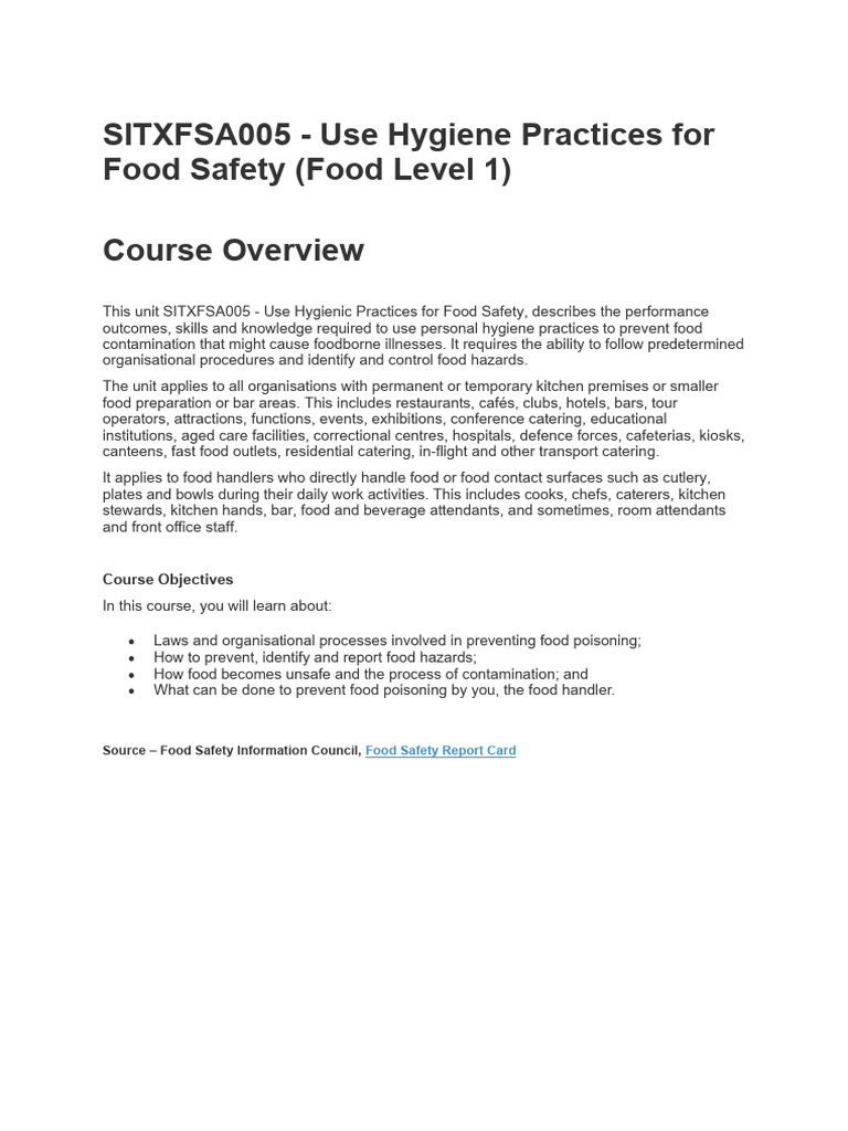 SITXFSA005 - Use Hygiene Practices For Food Safety (Food Level 1 ...