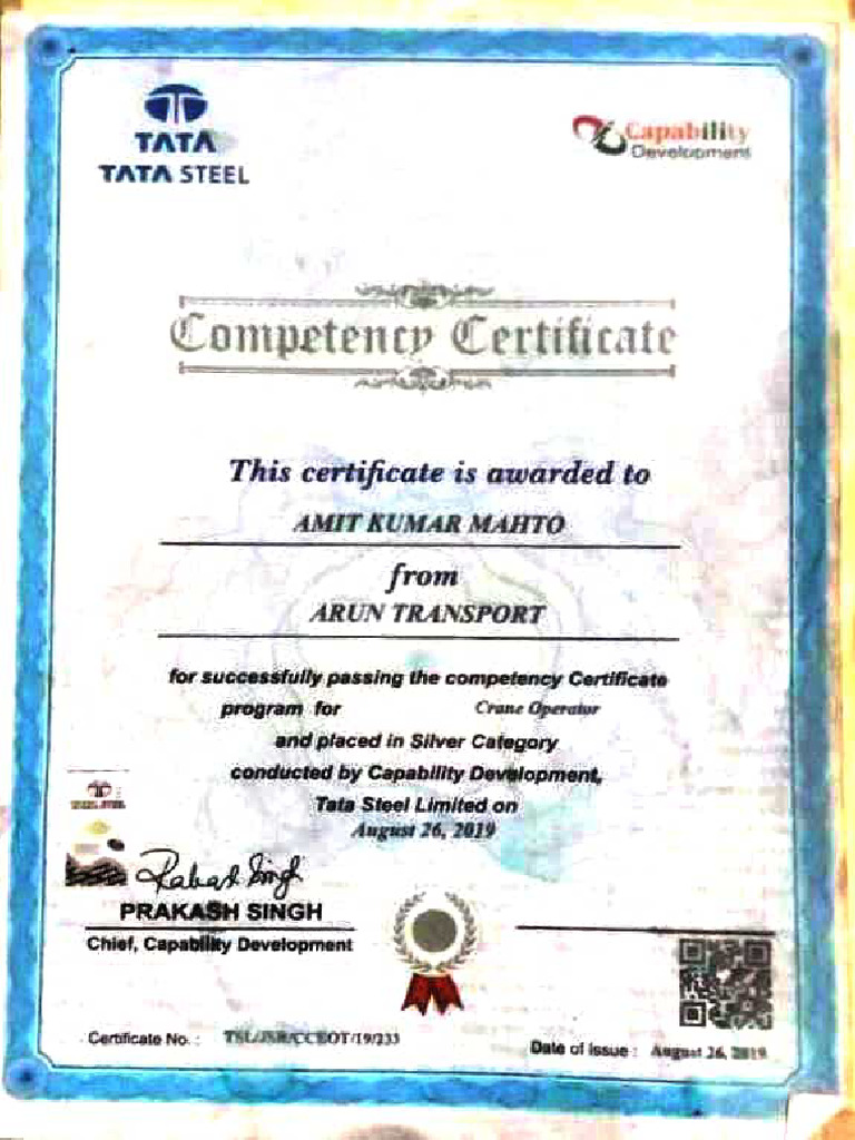 Operator Competency Certificate - ACPL | PDF