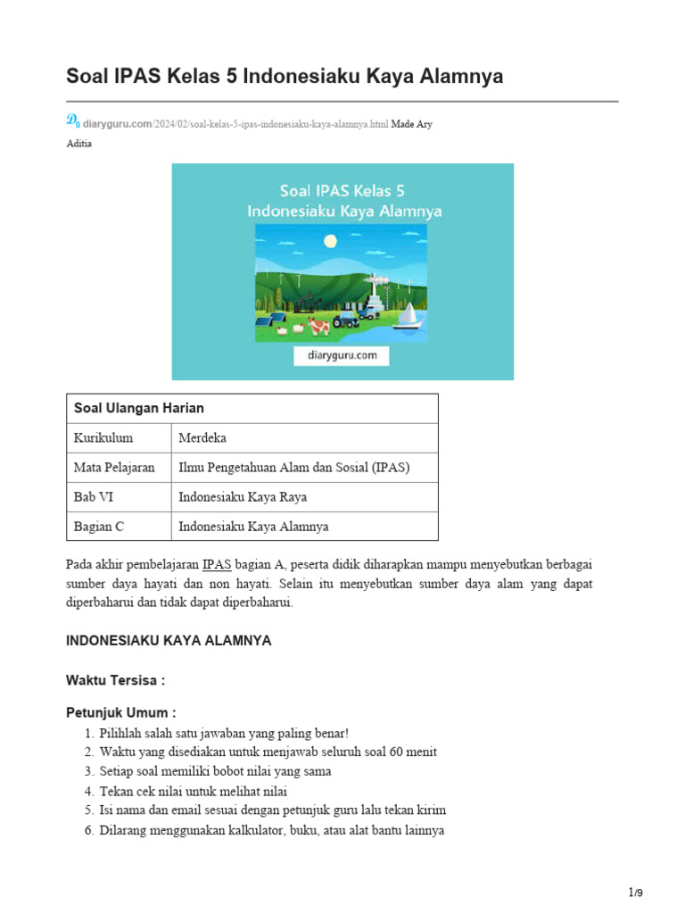 Soal IPAS Kelas 5 Indonesiaku Kaya Alamnya | PDF