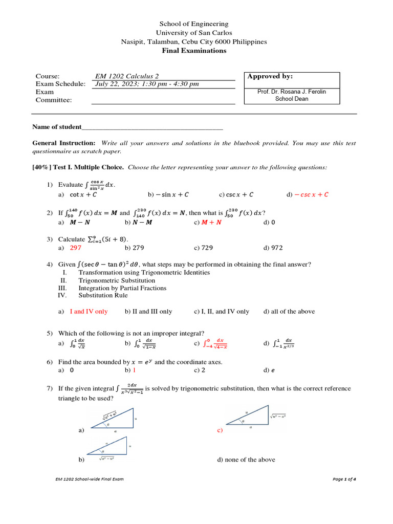 EM 1202 Calculus 2 Final Exam Guide | PDF | Trigonometric Functions ...