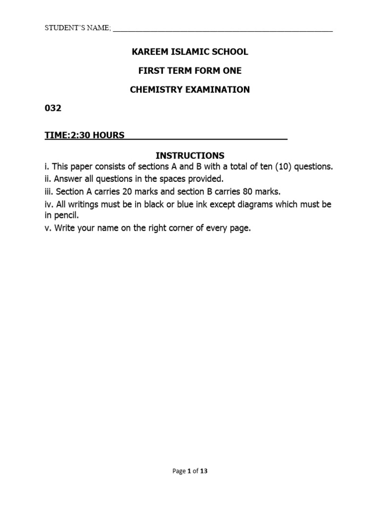 Form One Chemistry Joint 2021 | PDF | Chemical Substances | Liquids