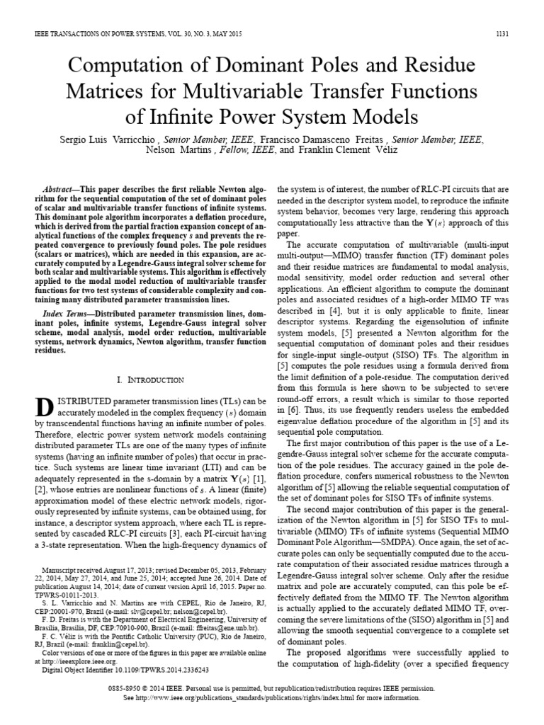 Computation of Dominant Poles and Residue - IEEE | PDF | Matrix (Mathematics) | Integral