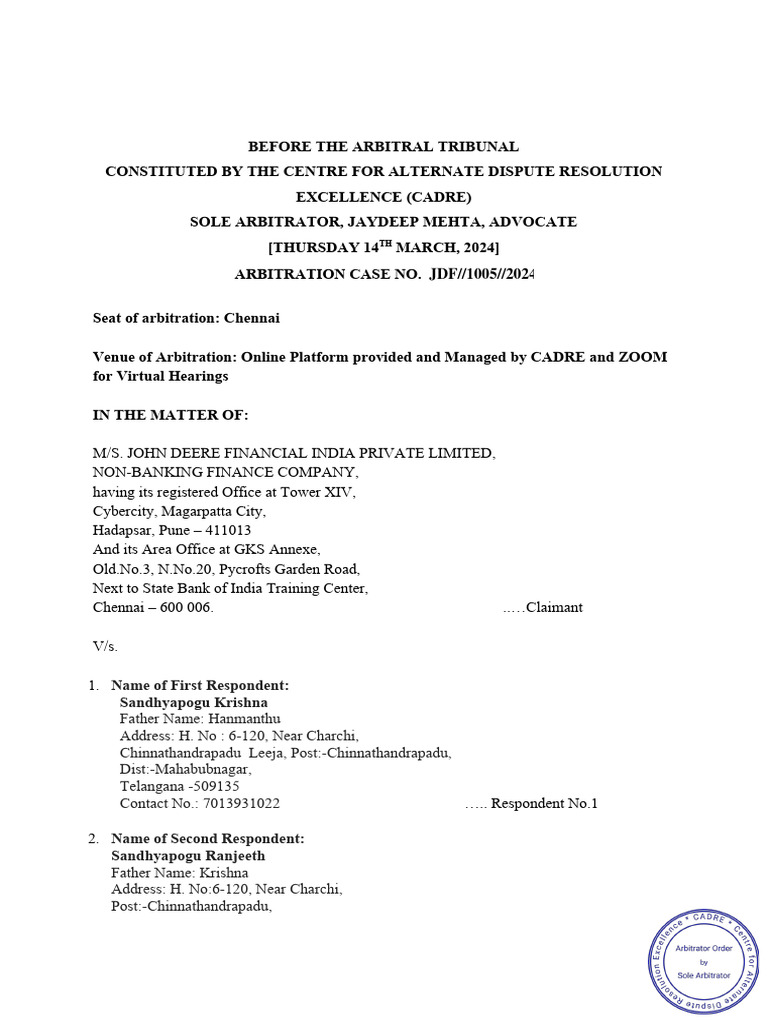 Arbitration Final Award-JDF.1005.2024 | PDF | Arbitration | Loans