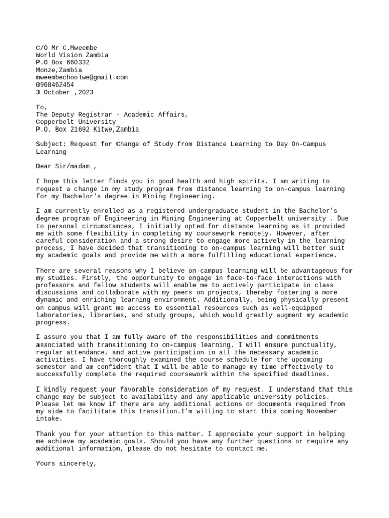 PDF change of study letter | PDF | Distance Education | Learning