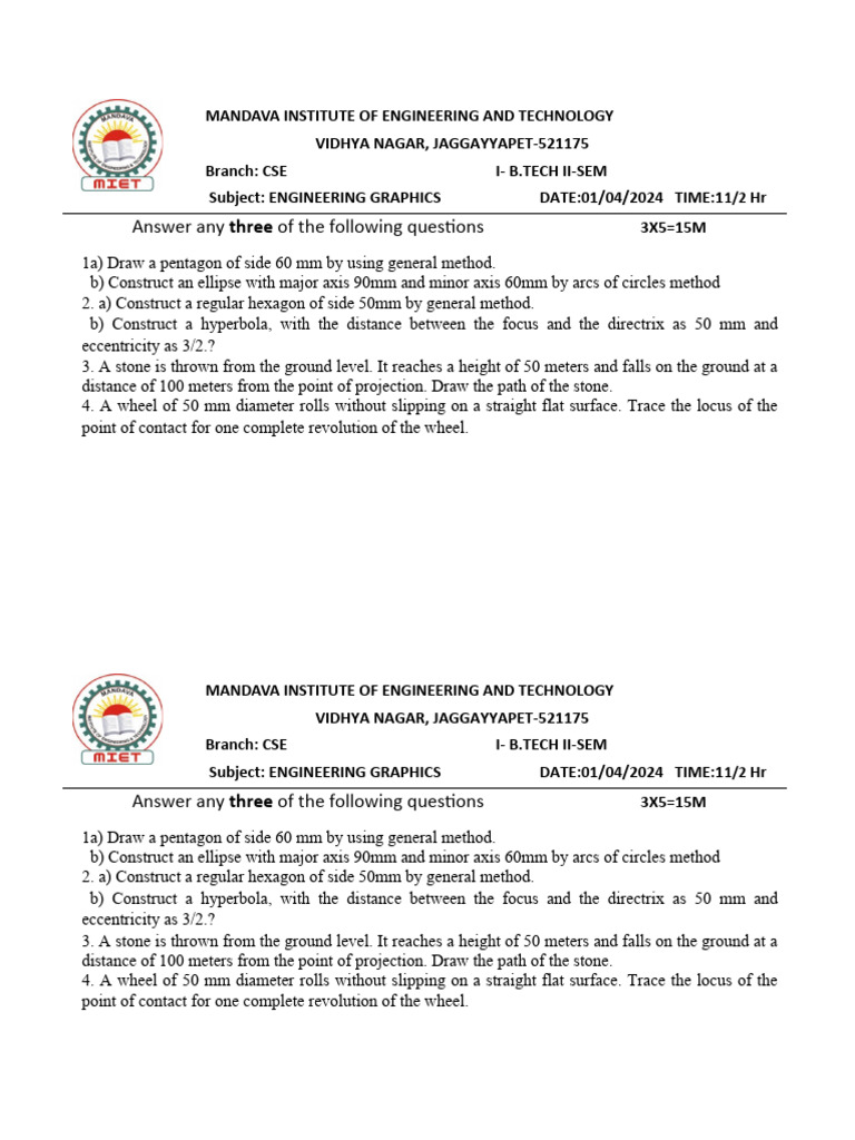 Engineering Graphics QUESTION PAPER MID 1 | PDF | Technology & Engineering