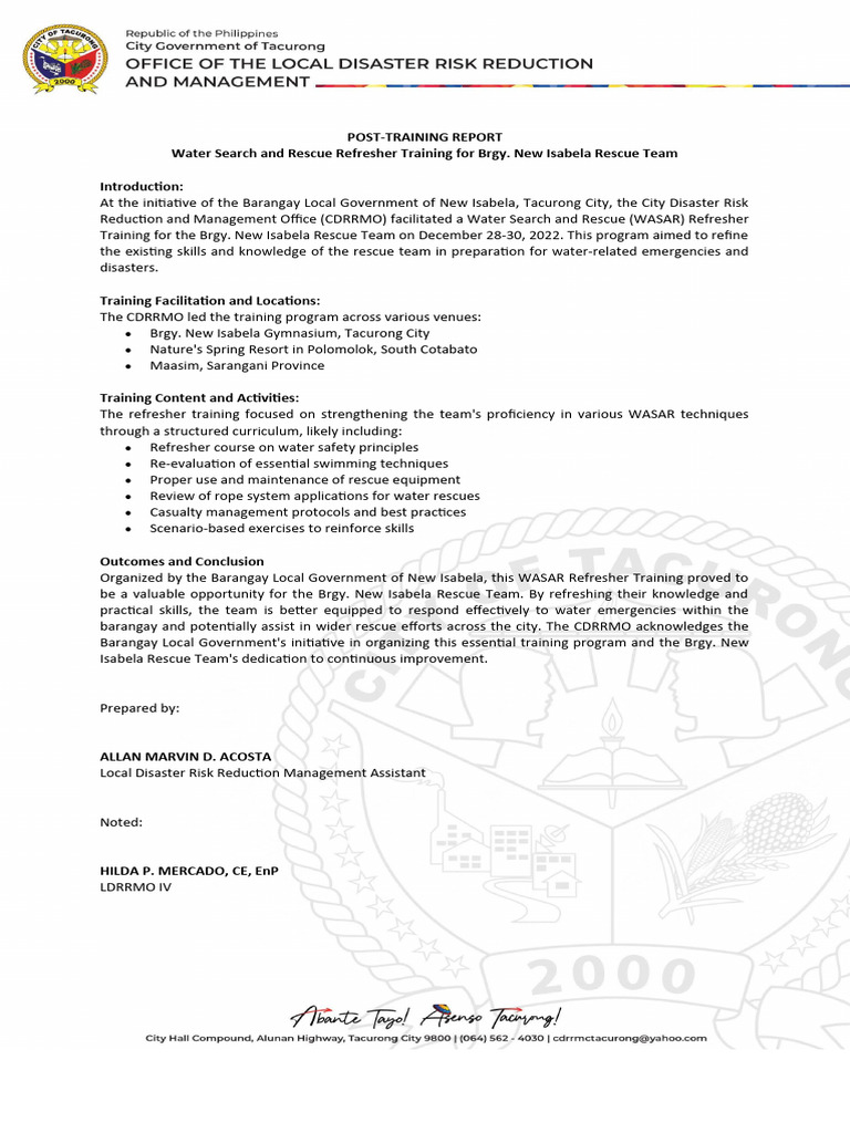 Post Training Report - Water Search and Rescue Training For Barangay ...