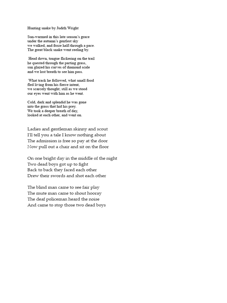 Hunting Snake Poem by Judith Wright | PDF | Mystery, Thriller & Crime ...