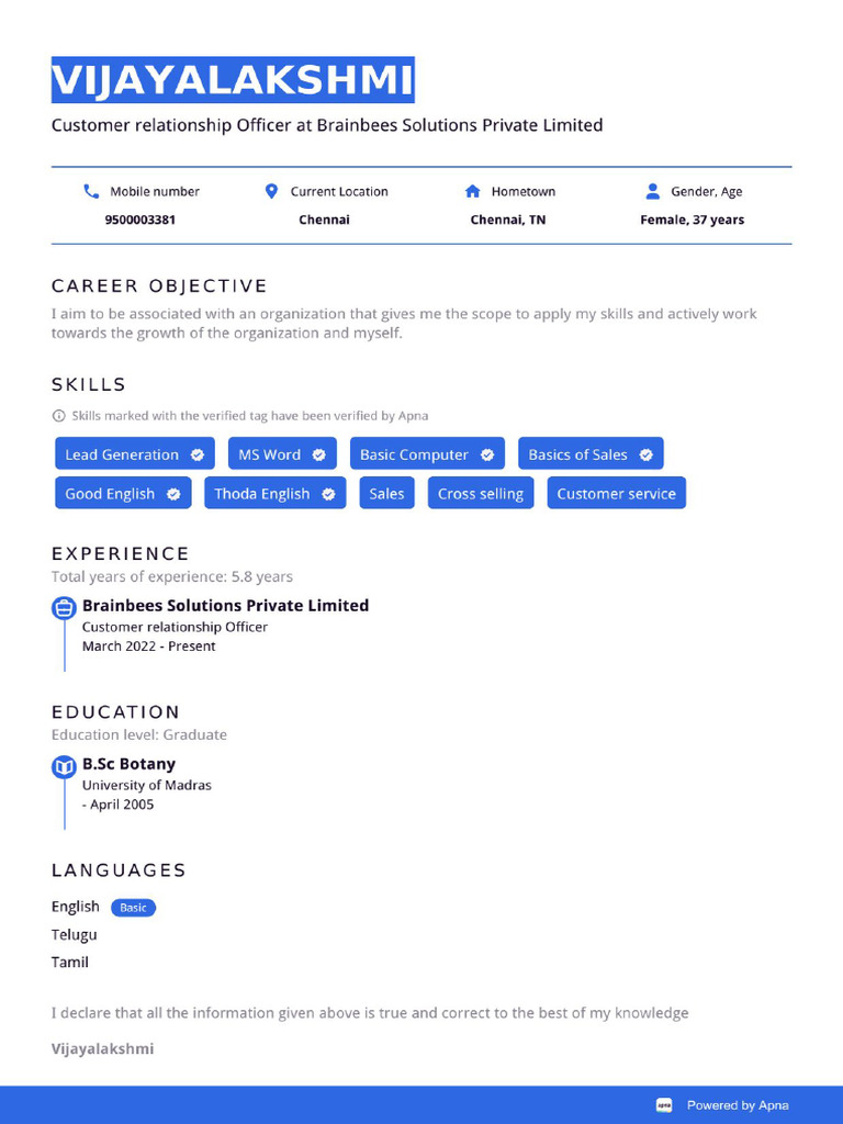 Resume Vi Jayalakshmi M | PDF