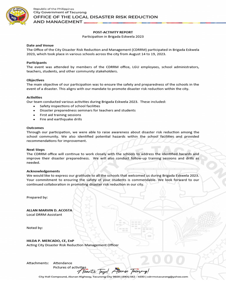 Post Activity Report - Participation to Brigada Eskwela 2023 | PDF