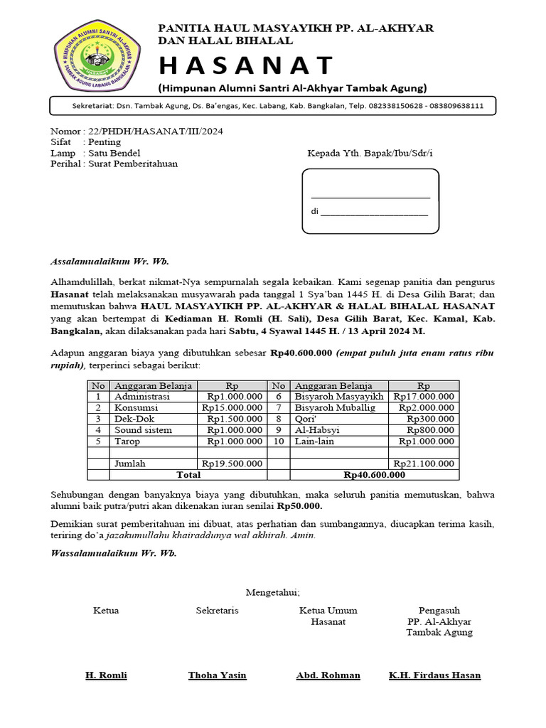Panitia Haul Dan Hasanat 2024 | PDF