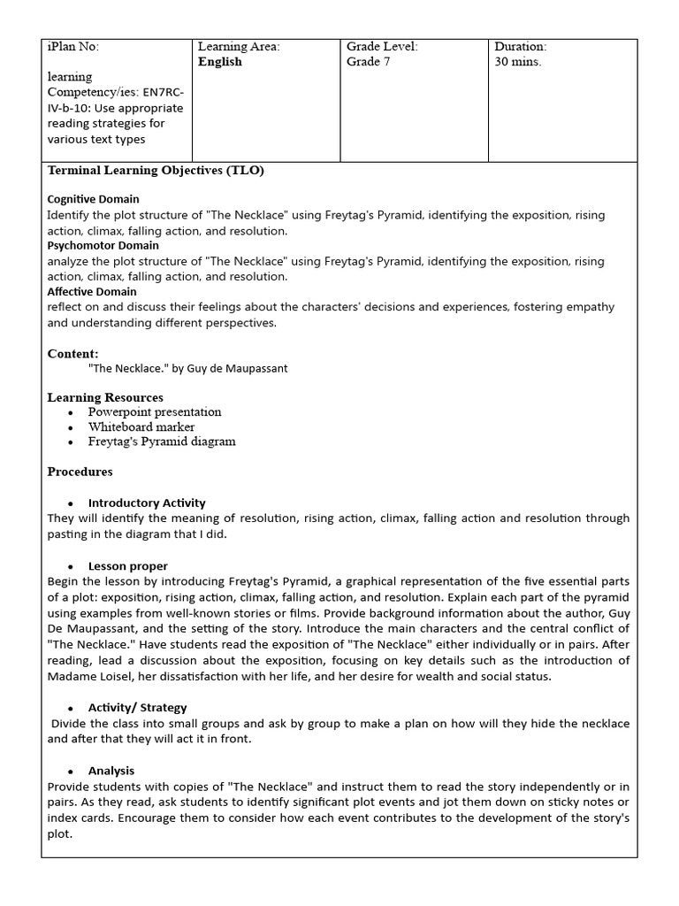 Detailed Lesson Plan Literature | PDF | Plot (Narrative) | Reading ...