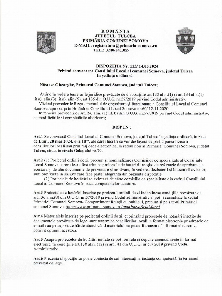 Dispozitie Convocare Sedinta Ordinara 20 Mai 2024 | PDF