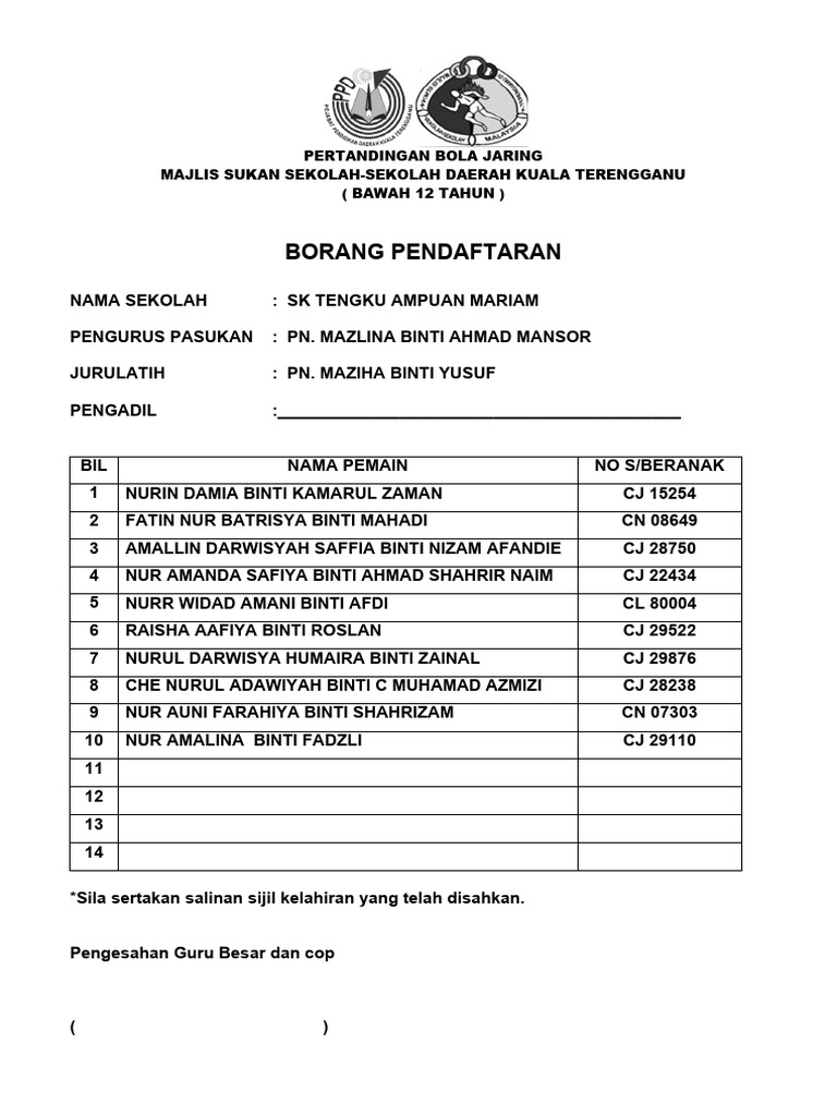 BORANG PERTANDINGAN BOLA JARING MSSDKT 2023 | PDF