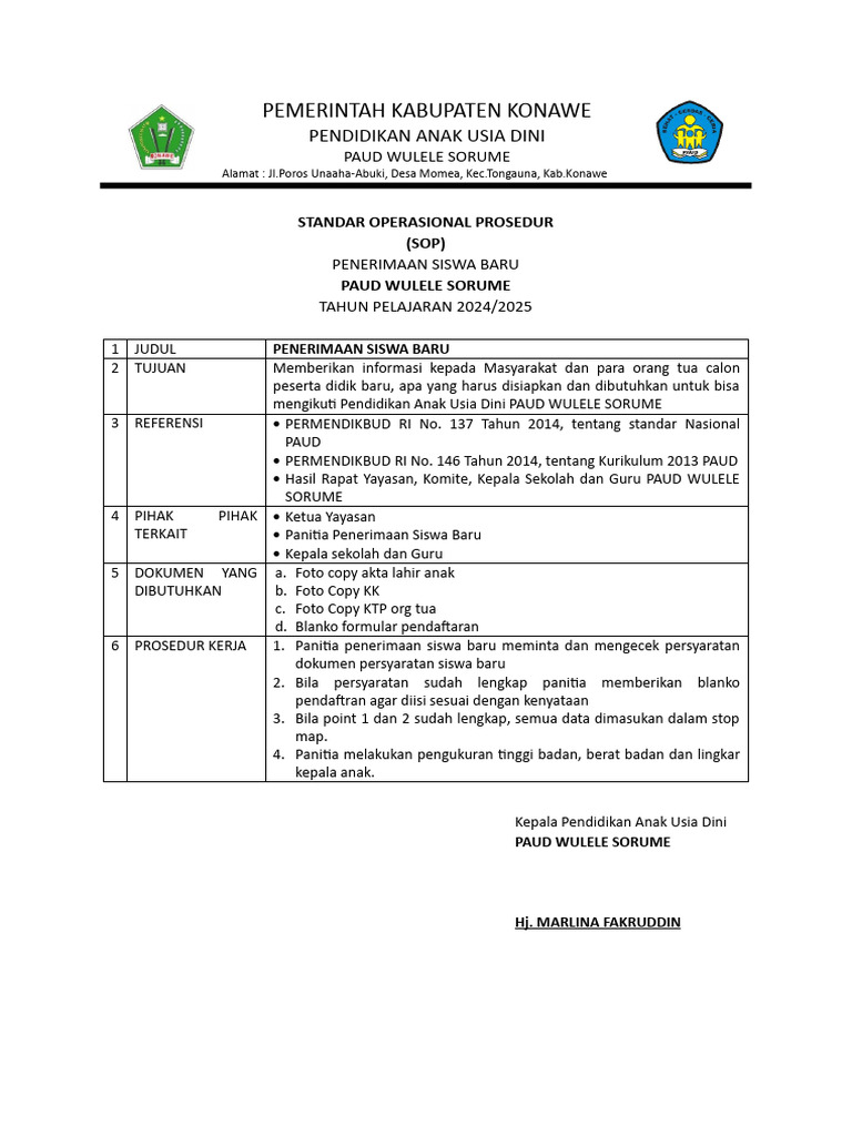 Sop Penerimaan Paud | PDF