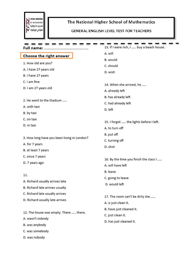 English Level Test Pdf
