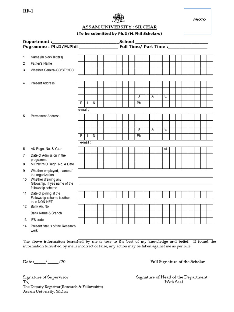 Assam University Ph.D/M.Phil Scholar Forms | PDF | Doctor Of Philosophy
