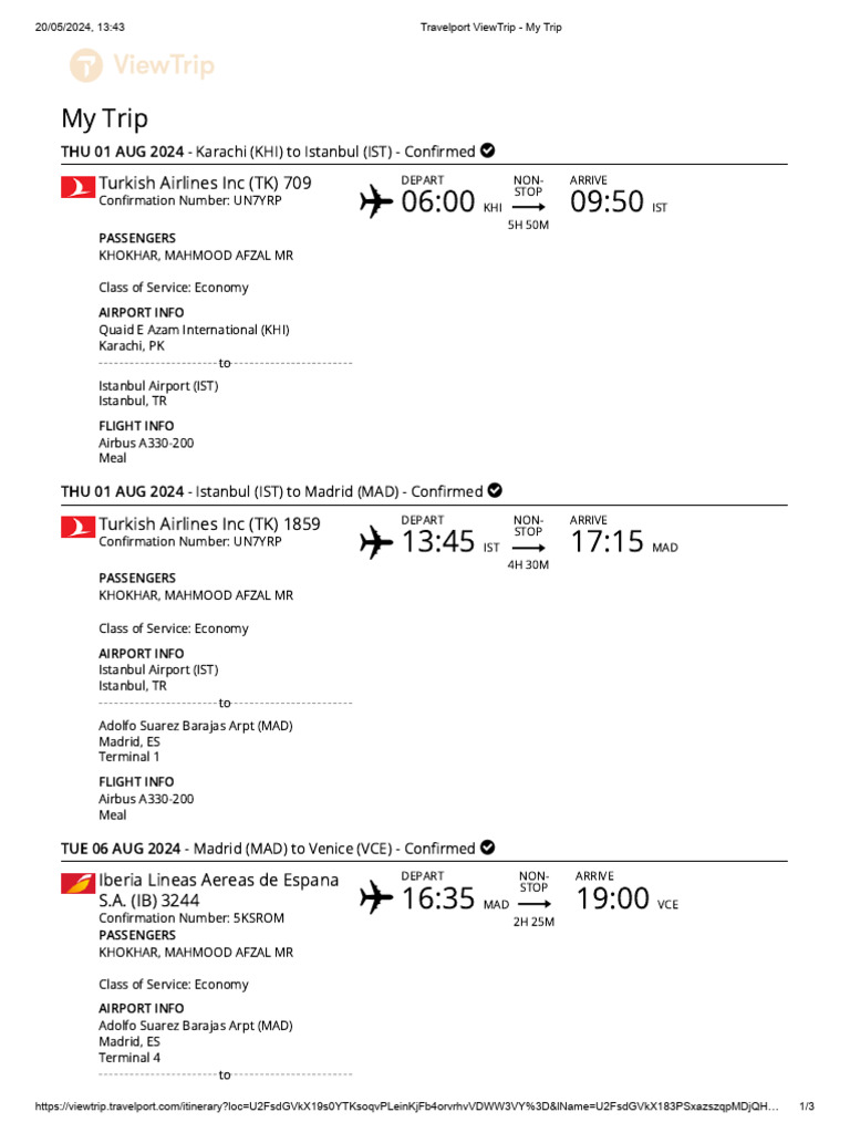 MAHMOOD AFZAL KHOKHAR Travelport ViewTrip - My Trip | PDF | Airbus | Airlines