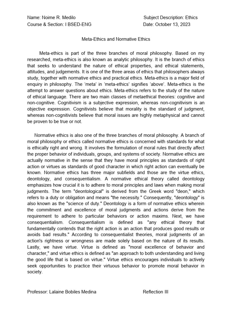 Meta-Ethics and Normative Ethics Reflection Paper | PDF | Morality ...