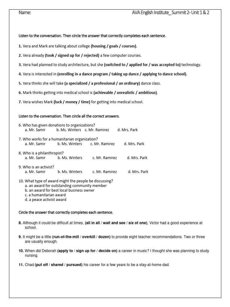 Summit 2 - Unit 1 and 2 | PDF
