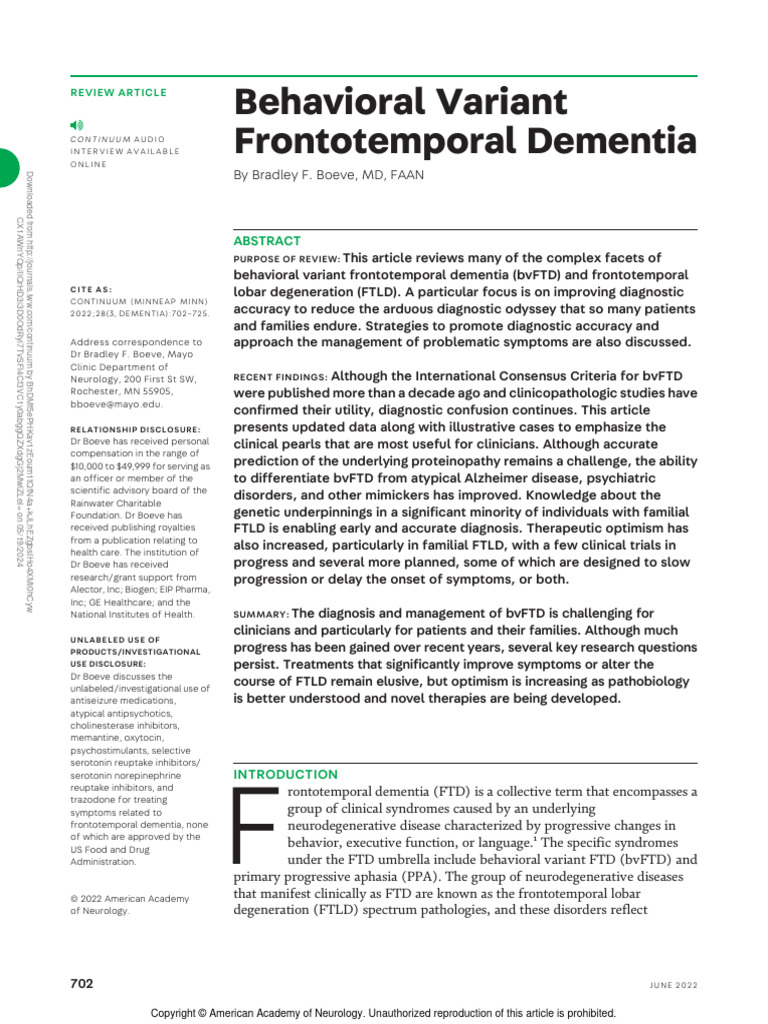Behavioral Variant Frontotemporal Dementia.6 | PDF | Dementia | Clinical Medicine