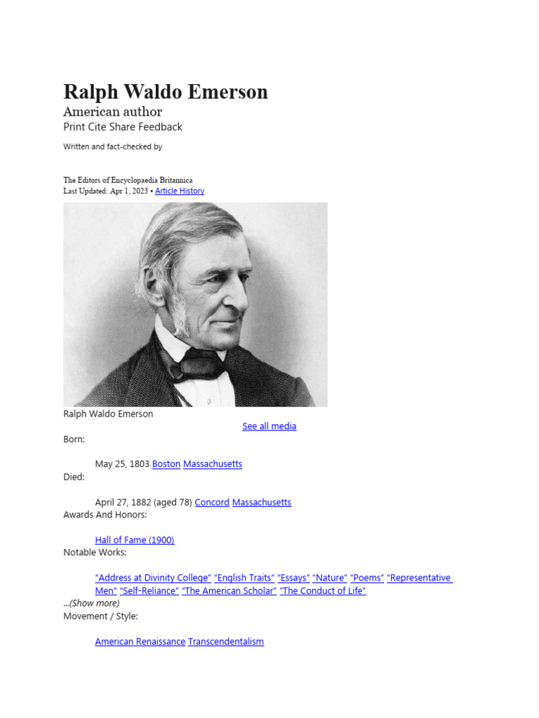 Ralph Waldo Emerson: A Biography | PDF | Ralph Waldo Emerson ...