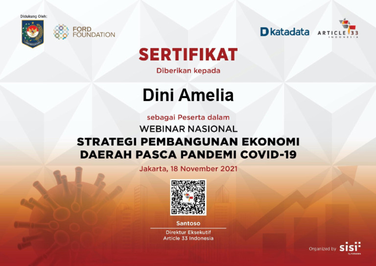 E-Sertifikat - Webinar Nasional Strategi Pembangunan Ekonomi Daerah Pasca Covid-19 - Dini Amelia ...