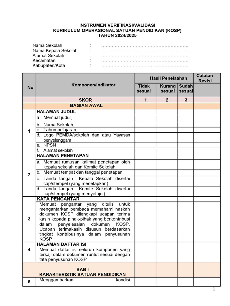 Instrumen Analisis Verifikasi Kos-Sd 2024-2025 | PDF