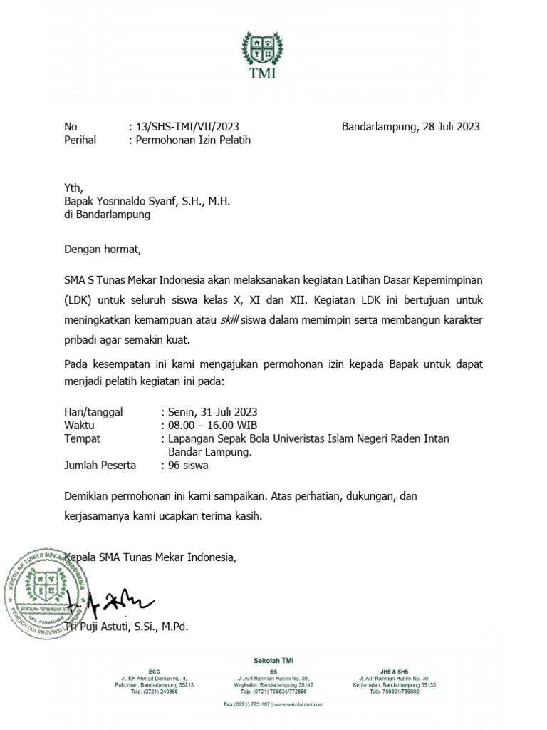 Surat Permohonan Pelatih LDK | PDF