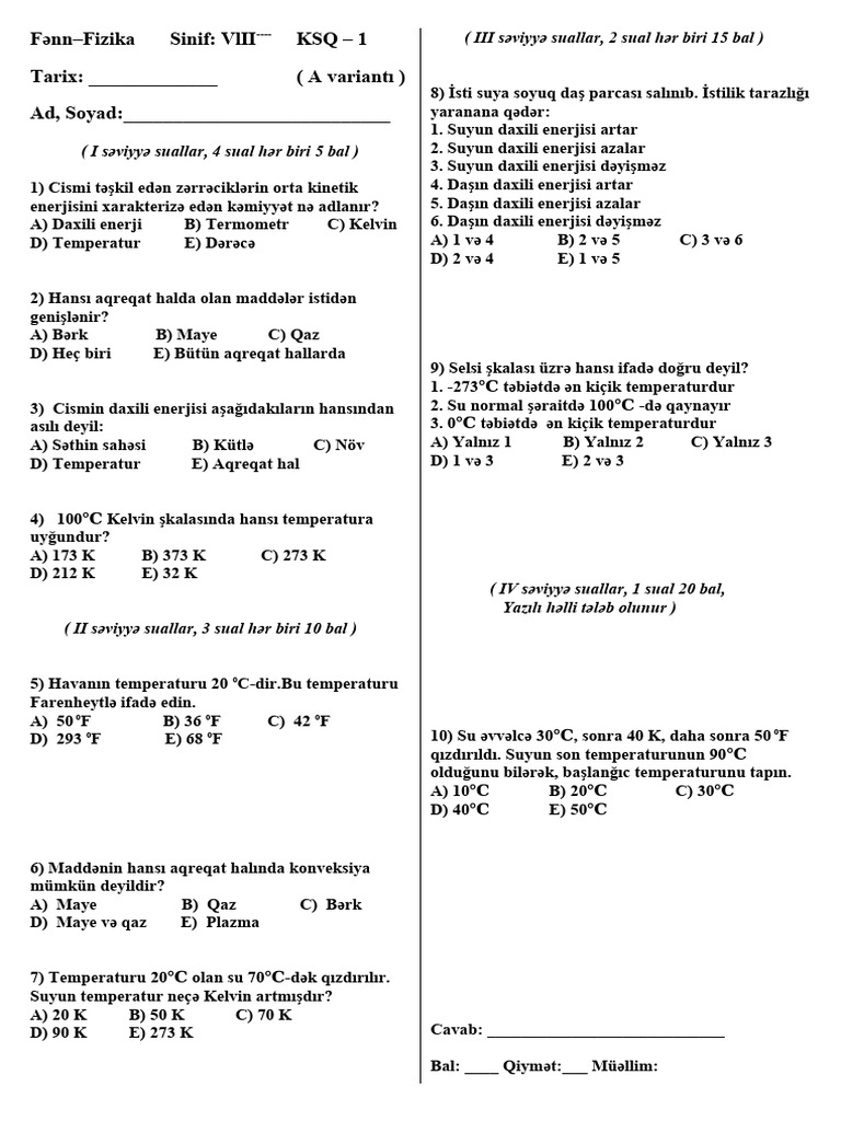 Fizika 8 Sinif ksq-1 | PDF