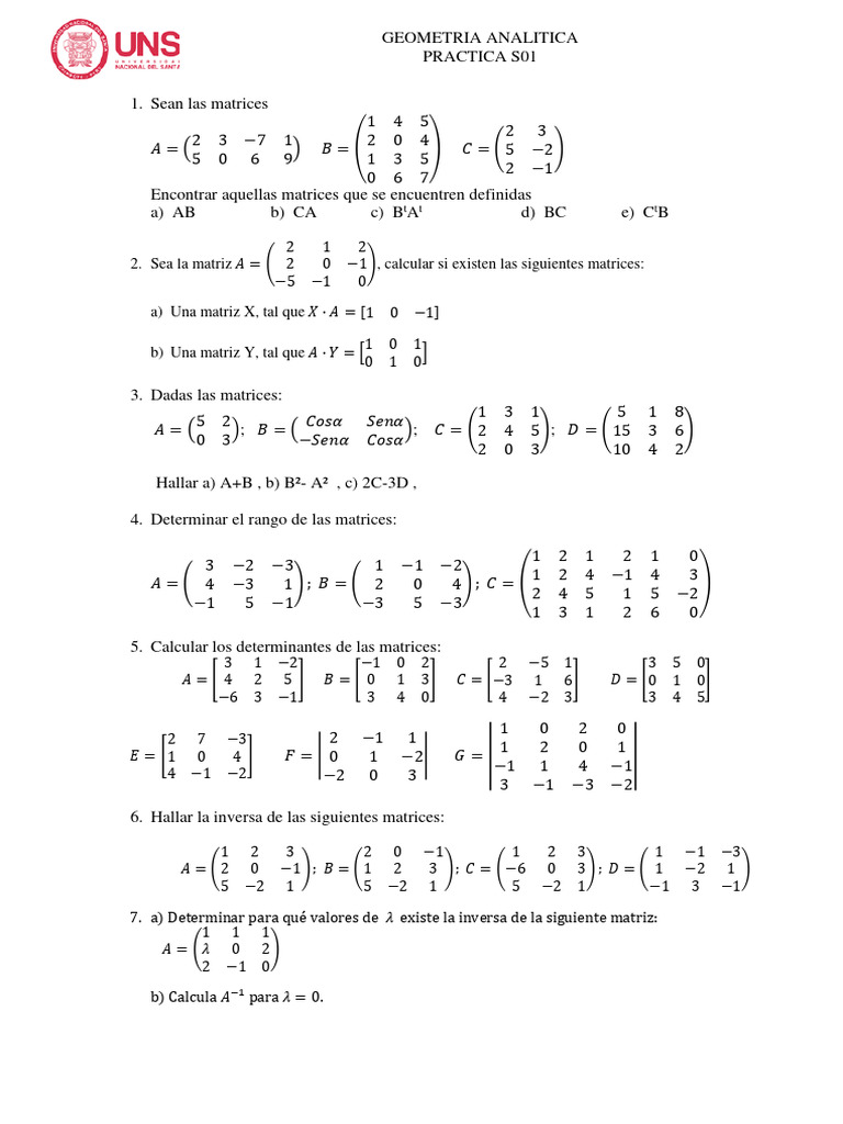 Practica S01 - Matrices | PDF | Matriz (Matemáticas) | Álgebra lineal