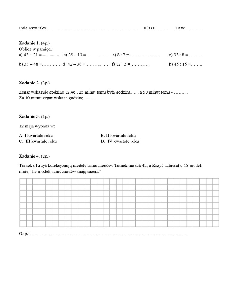 Sprawdzian Z Matematyki W KL - IV | PDF