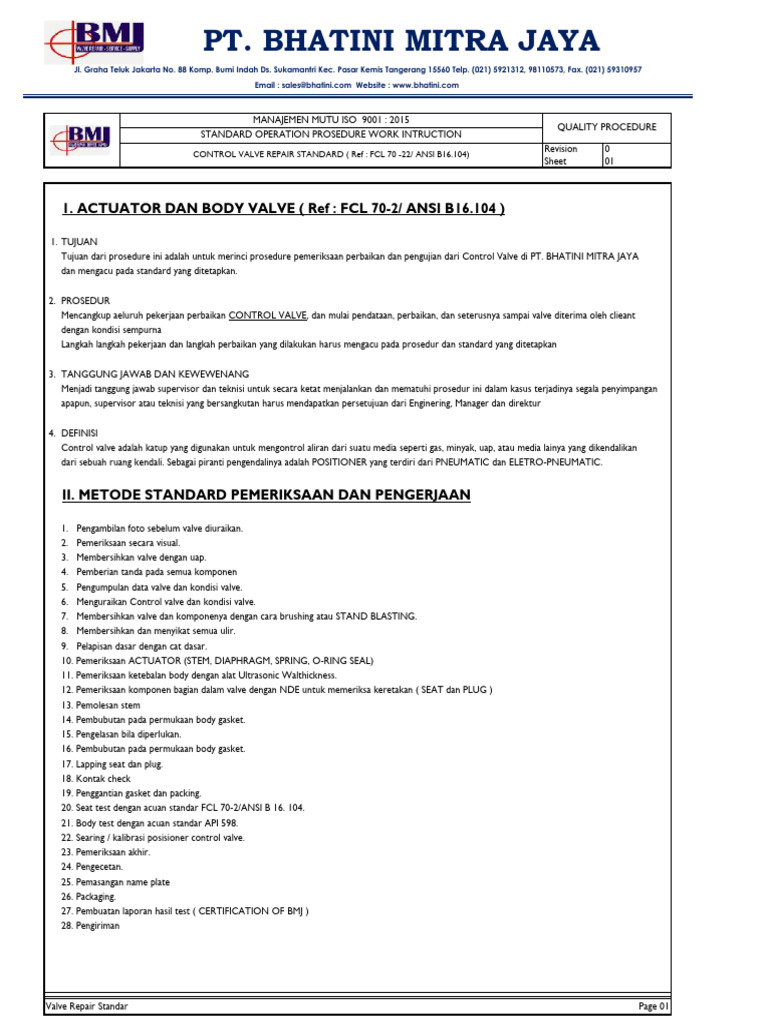 Prosedur Perbaikan Control Valve BMJ | PDF