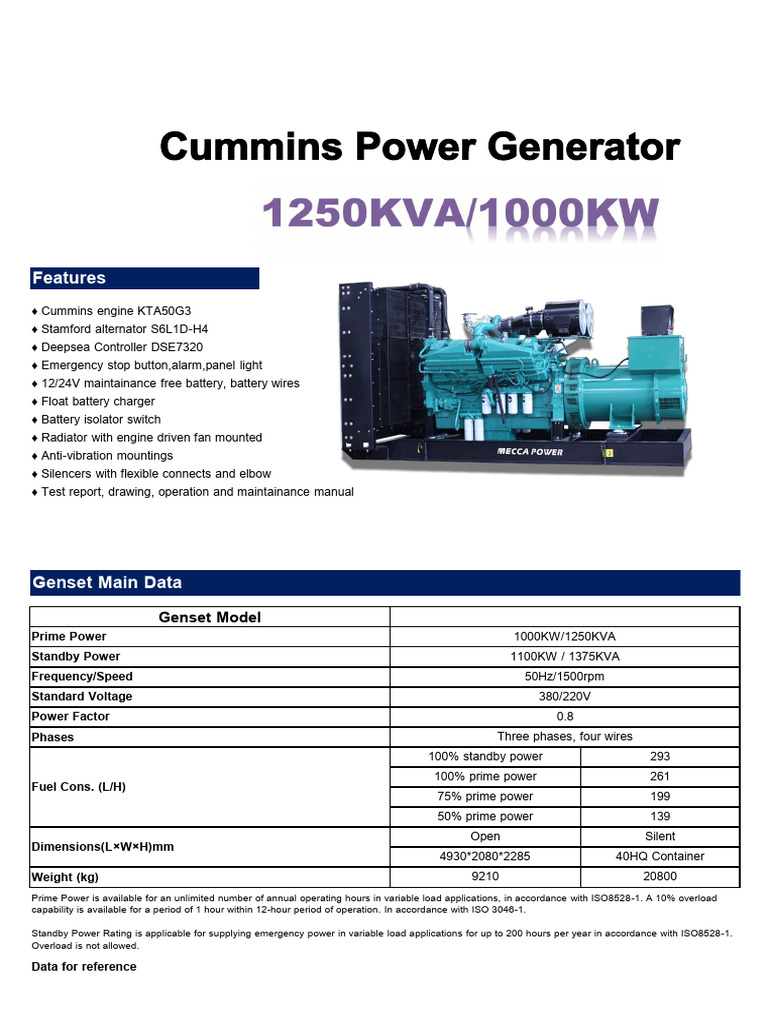 1250kva Cummins Brochure-50hz | PDF | Electric Generator | Mains ...