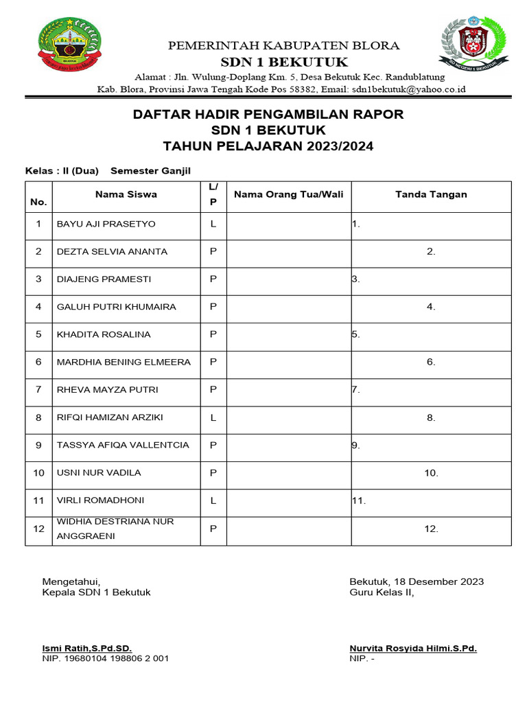 Daftar Hadir Pengambilan Rapor Wali Murid Kelas 2 | PDF