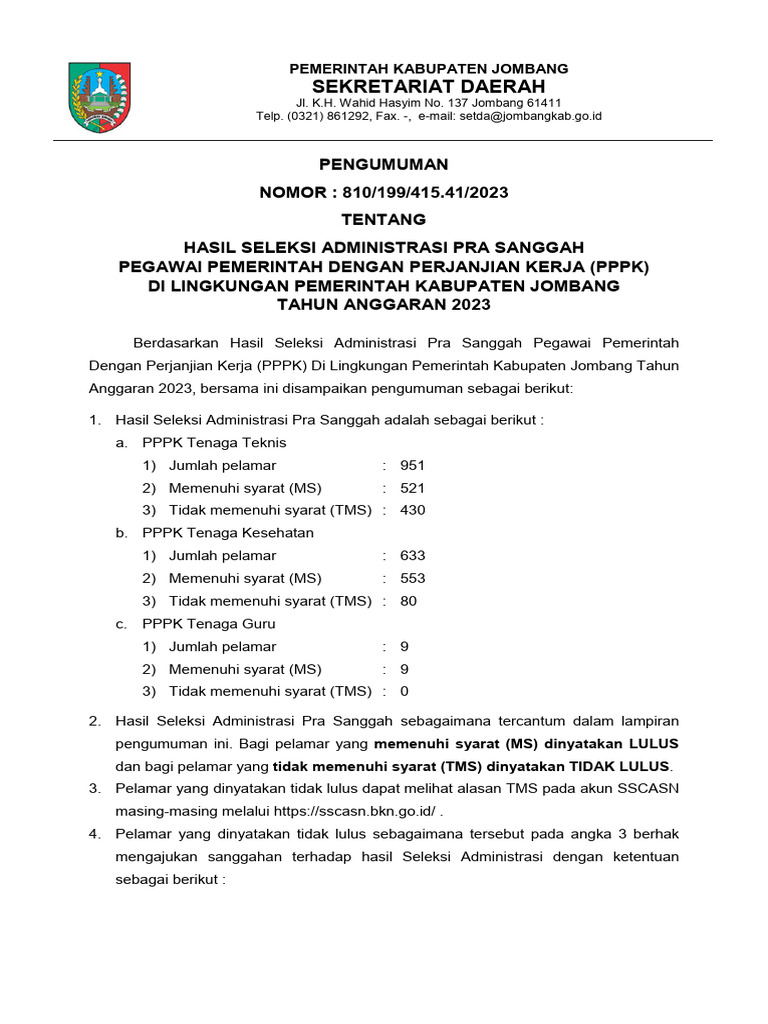 Pengumuman Seleksi Administrasi PRA Sanggah PPPK TA 2023 | PDF