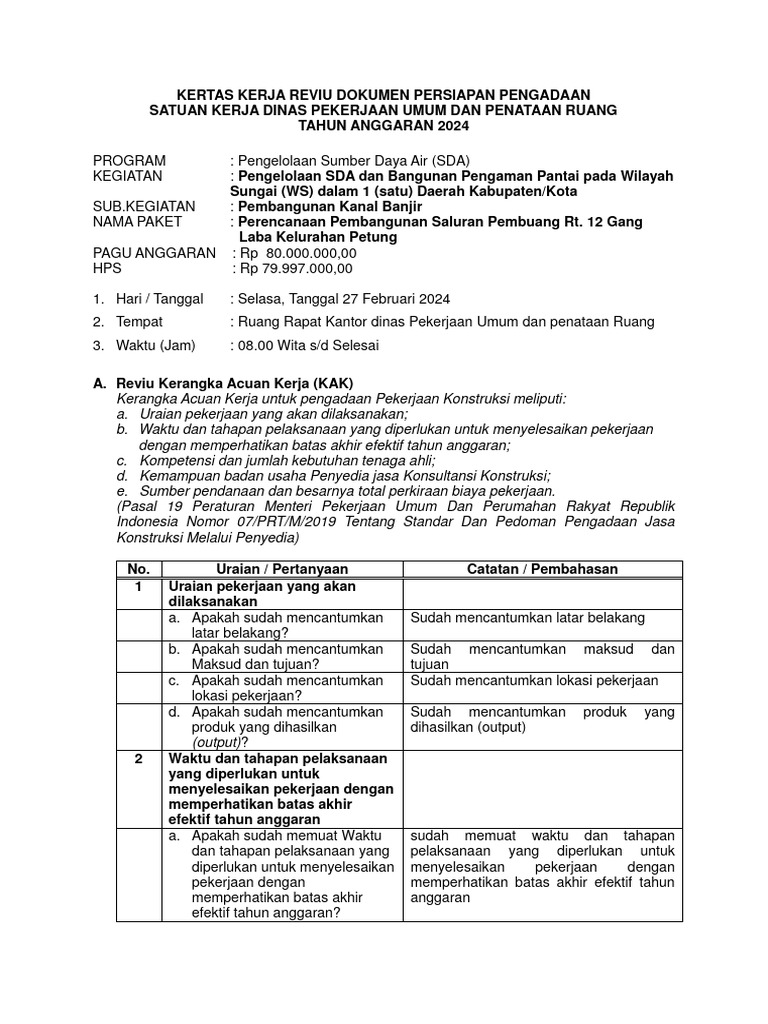 KERTAS KERJA REVIU DOKUMEN 2024 PSDA - Docx Saluran Pembuang | PDF