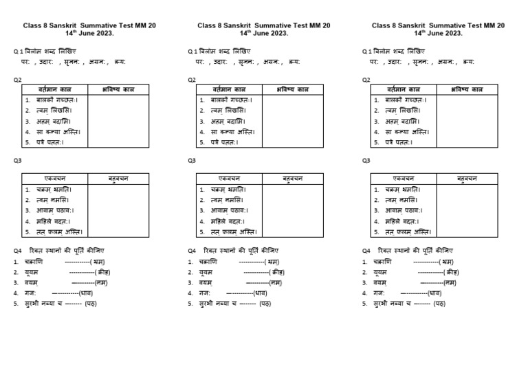 Class 8 Sanskrit Summative Test MM 20 | PDF