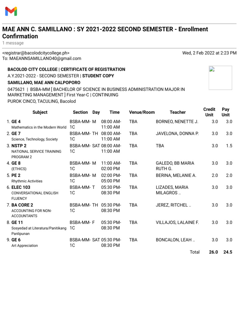 Gmail MAE ANN C. SAMILLANO - SY 2021 2022 SECOND SEMESTER Enrollment Confirmation | PDF