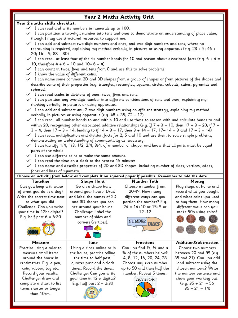 Year 2 Maths Skills Activity Grid | PDF | Shape | Numbers