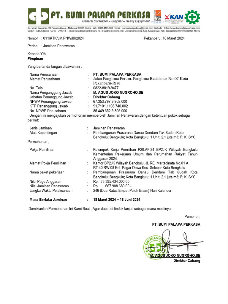 Jaminan Penawaran BUMI PALAPA | PDF | Pengelolaan Keuangan & Uang