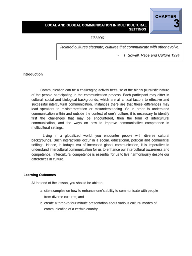 Chapter 3 Lesson 1 LOCAL AND GLOBAL COMMUNICATION IN MULTICULTURAL | PDF | Cross Cultural ...
