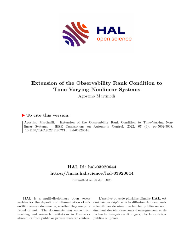 Extension of The Observability Rank Condition To Time-Varying Nonlinear Systems | PDF | Function ...