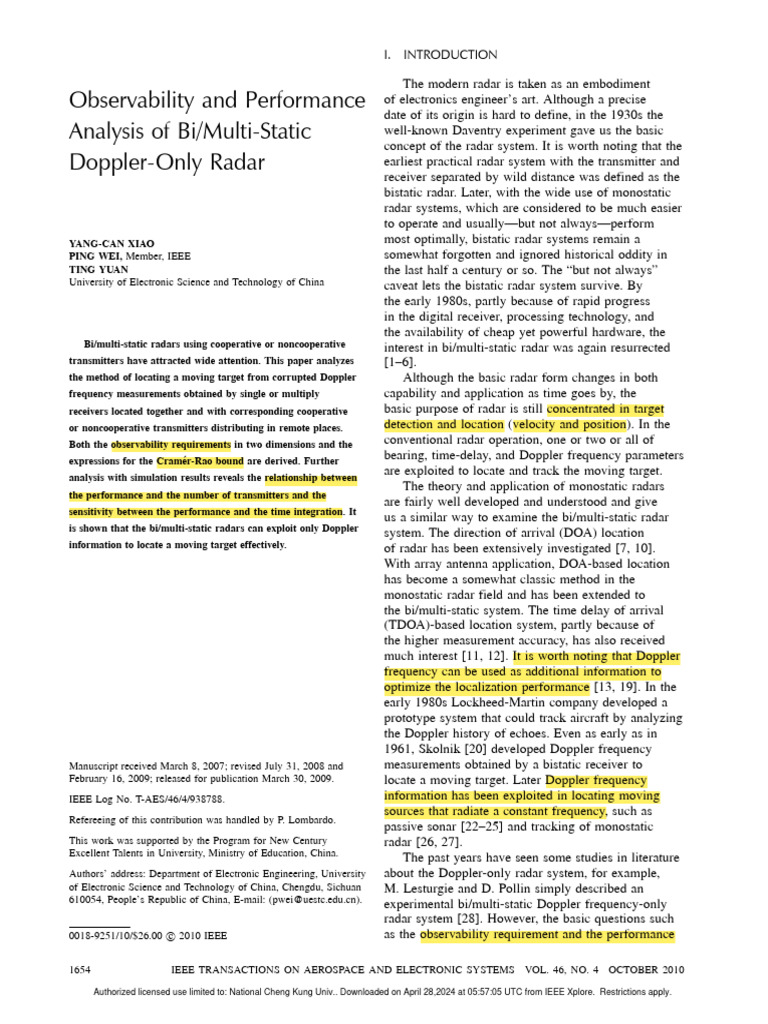Observability And Performance Analysis Of Bi Multi Static Doppler Only