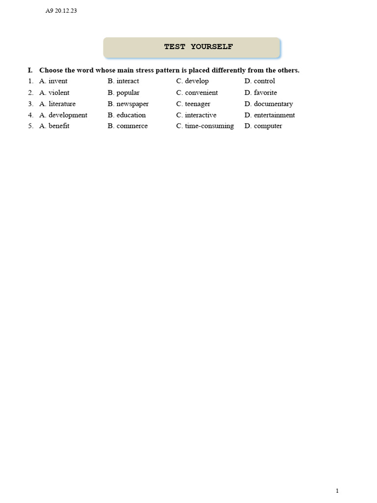 Test Yourself: I. Choose The Word Whose Main Stress Pattern Is Placed ...