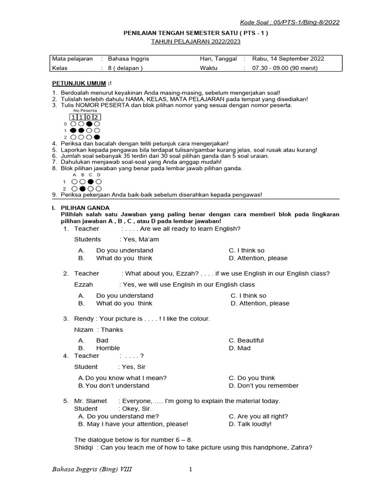 Soal Bing KLS 8 PTS-1 2022-2023 | PDF
